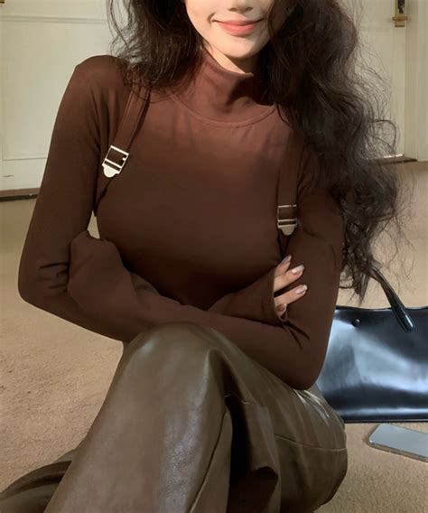 포앤바이앤 [3색 스트랩 기모 터틀넥 티셔츠] 하이넥 목티 폴라넥 슬림 긴팔 단색 무지 벨벳 면 모달 도톰 따뜻한 가을 겨울 이너티 레이어드