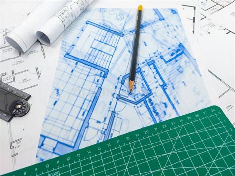 Pencils Ruler Green Matte And Paper Engineering House Drawings And