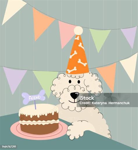 개 생일 파티 개는 그의 생일을 축하합니다 케이크와 파티 모자에 개입니다 생일 축하 손은 개와 케이크로 인사말 카드를 그립니다 개에 대한 스톡 벡터 아트 및 기타 이미지