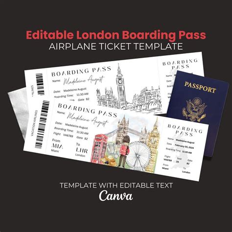 Editable London Surprise Boarding Pass Printable England Ticket Canva