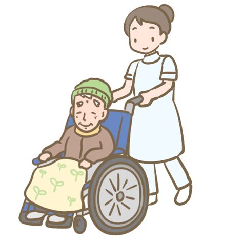 車いすのおじいさんとヘルパーのイラスト かわいいフリー素材が無料のイラストレイン