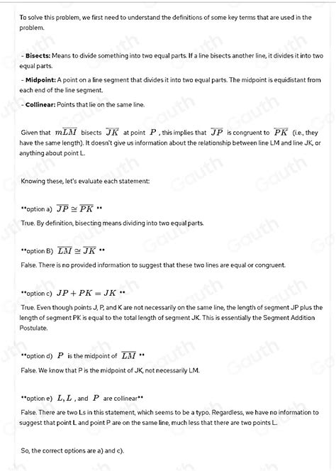 Solved Moverline Lm Bisects Overline Jk At Point P Which Statements Arc True S Lect All The