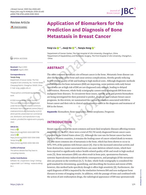 Pdf Application Of Biomarkers For The Prediction And Diagnosis Of Bone Metastasis In Breast Cancer