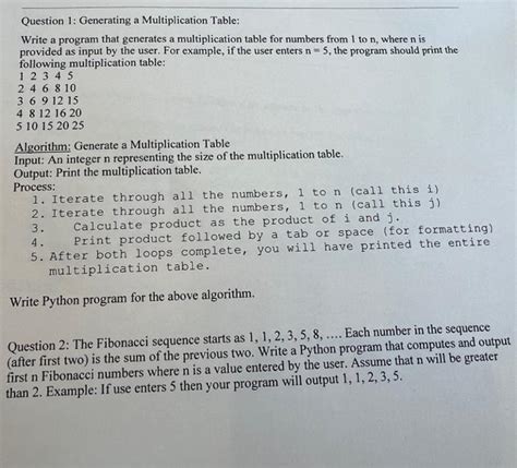 Solved Question 1 Generating A Multiplication Table Write