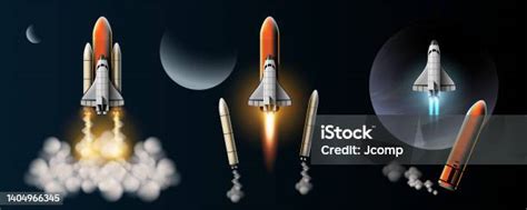 로켓은 우주선을 우주 공간으로 가져 가기 위해 발사됩니다 3d 스타일의 벡터 일러스트 레이 션 우주 왕복선에 대한 스톡 벡터 아트 및 기타 이미지 Istock