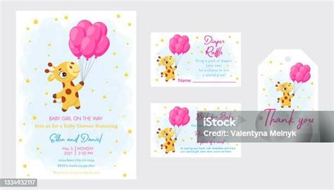 기저귀 추첨 아기를위한 책과 감사 태그와 함께 가는 길에 베이비 샤워 인쇄 파티 초대 카드 템플릿 아기 소녀 풍선에 비행 귀여운 작은 기린초대 세트 0명에 대한 스톡 벡터