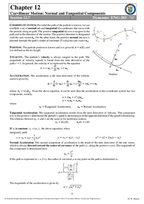 Pdf Curvilinear Motion Normal And Tangential Components Section 127