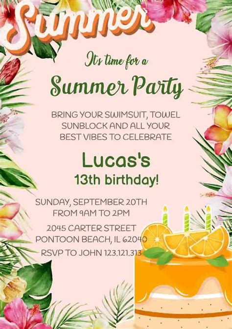 여름 생일 파티 무료 어린이 생일 초대장 템플릿 Invitanku