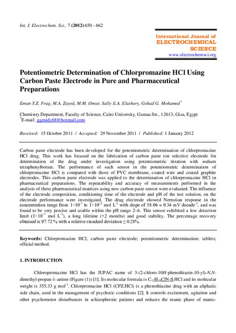 Pdf Potentiometric Determination Of Chlorpromazine Hcl Using Carbon Paste Electrode In Pure