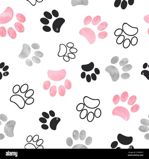Cat Paw Print Seamless Pattern In Pink And Black Colors Stock Vector
