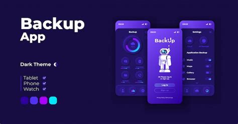 백업 응용 프로그램 만화 스마트 폰 인터페이스 템플릿 설정합니다 모바일 앱 화면 페이지 야간 모드 디자인 클라우드 스토리지 로그인 및 애플리케이션의 설정 Ui 평평한