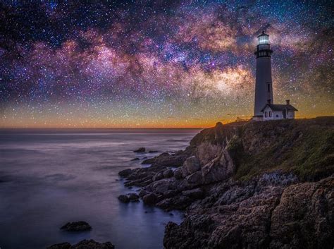 Фото: США, маяк, побережье, звезды, Pigeon Point lighthouse, ночью ...