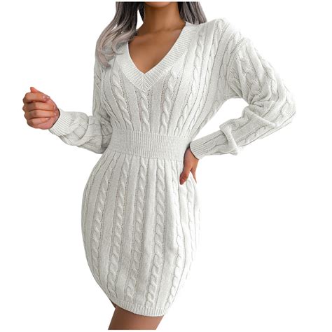 Symoid Womens V Neck Knitted Sweater Dress Autumnwinter Waist Bag