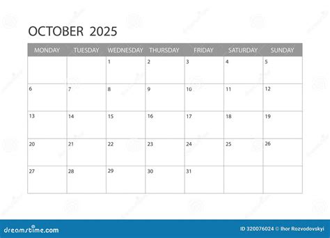 Calendar For October 2025 The Week Starts On Monday Stock Illustration