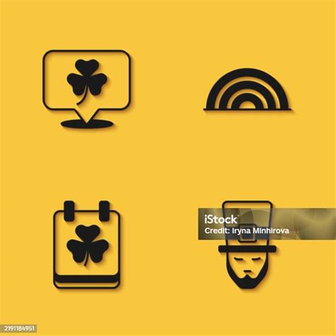 클로버 트레포일 잎 레프리콘 달력으로 성 패트릭의 날을 설정하고 긴 그림자가 있는 무지개 아이콘을 설정합니다 벡터 0명에 대한