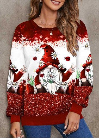 Christmas Santa Claus Print Red Long Sleeve Sweatshirt Stylish Tops