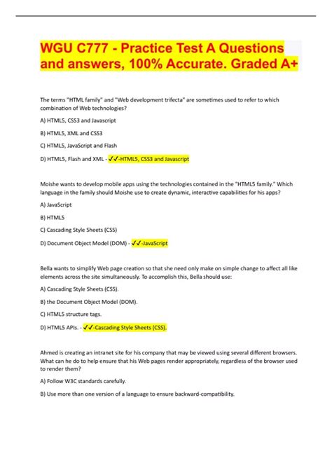 WGU C Practice Test A Questions And Answers Accurate Graded A WGU C