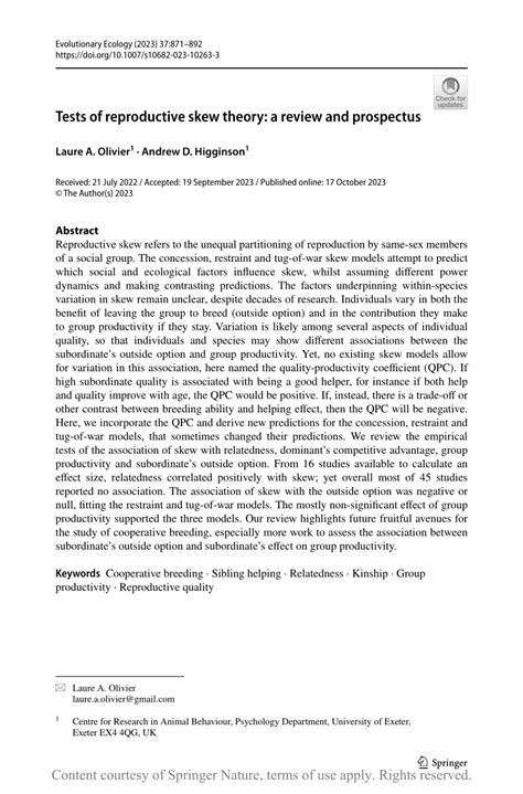 Pdf Tests Of Reproductive Skew Theory A Review And Prospectus