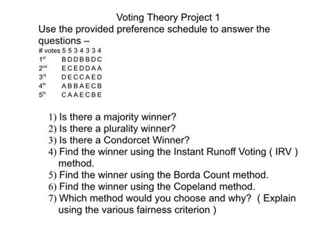 Solved Voting Theory Project 1 Use The Provided Preference