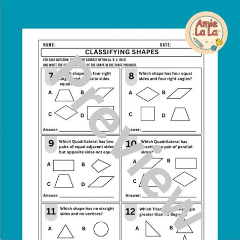 Classifying Shapes Geometry Worksheets 18 Questions Grades 4 6