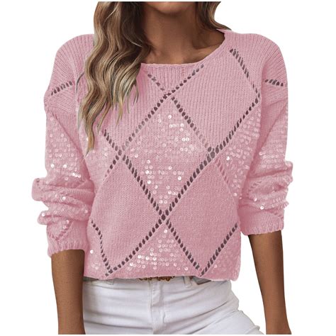 Posijego Womens Sparkly Sequin Sweaters Hollow Out Crochet Knit