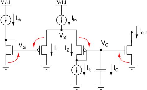 a differential pair integrator circuit diagram red arrows show the