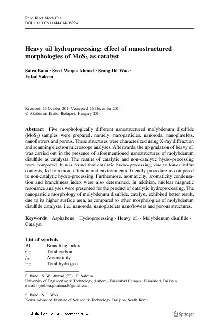 Pdf Heavy Oil Hydroprocessing Effect Of Nanostructured Morphologies Of Mos2 As Catalyst