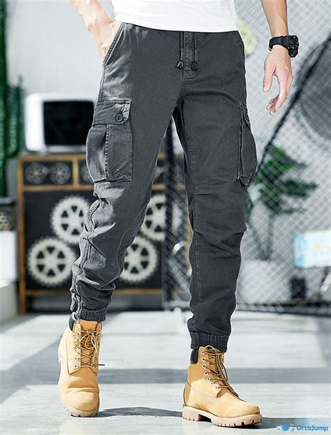 Orcajump Mens Cargo Pants Elastic Drawstring Multi Pocket Solid Colo
