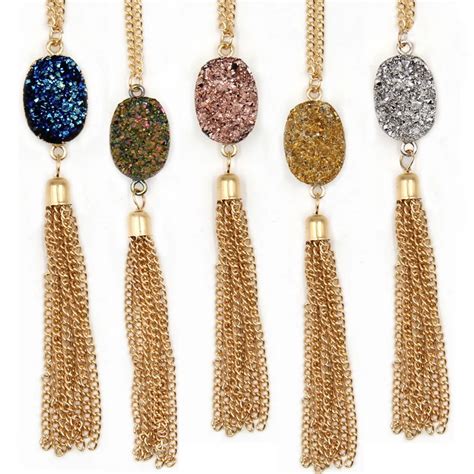 Fashion Resin Colored Oval Druzy Long Tassel Necklaces Pendants For