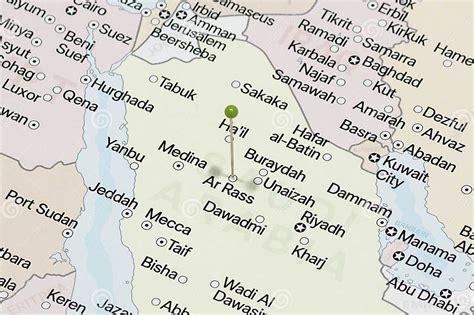 Green Pin Needle Into Ar Rass City Of Saudi Arabia Political Map Stock