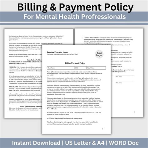 Billing And Payment Policy Template For Mental Health Professionals