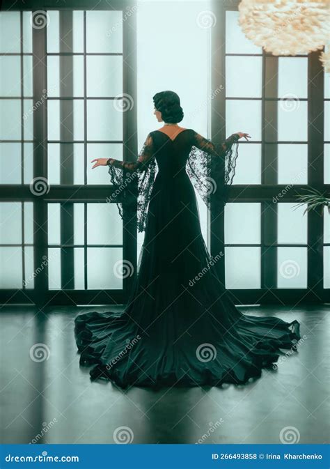 Fantasy Woman Queen Stands Near Window Waiting For Love Back Rear View