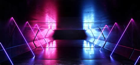 네온 빛 미래 공상 과학 소설 Fi 활기찬 보라색 어두운 배경 그래픽 복도 터널 우주선 외계인 차고 지하 모양의 레이저 빛나는 그런지 콘크리트 3d 렌더링 0명에 대한 스톡