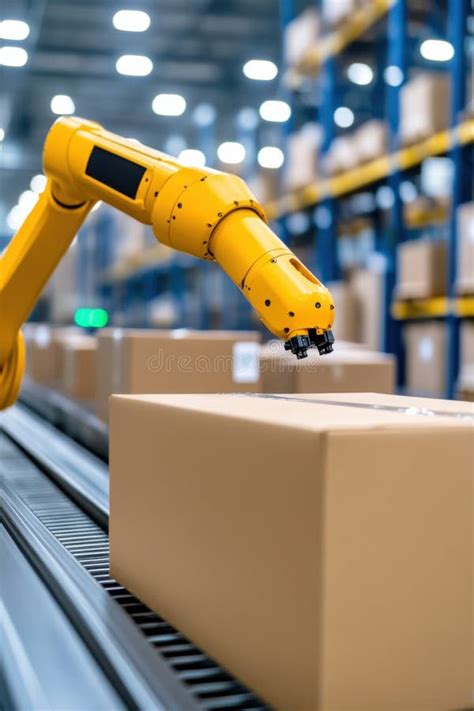Futuristic Automated Warehouse Features Robotic Arms Sorting Packages Efficiently In A Modern