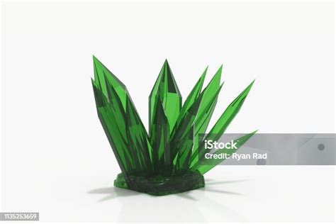 크리스탈의 3d 렌더링 녹색 크리스탈 바위 흰색 배경에 착 색 된 녹색 에메랄드 쿼 츠의 수정 녹색에 대한 스톡 사진 및 기타