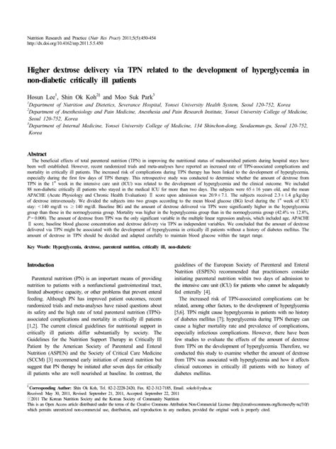 Pdf Higher Dextrose Delivery Via Tpn Related To The Development Of Hyperglycemia In Non