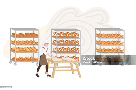 베이커리 제조업체 남성 요리사 요리사 베이킹 트레이와 빵 트레이 전문 베이커리 만화 캐릭터 디자인 평면 벡터 일러스트와 흰색