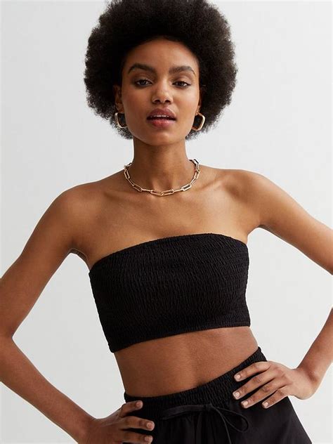 New Look Shirred Bandeau Top Black Uk
