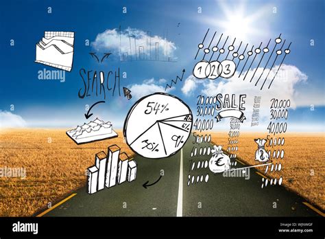 Data Analysis Doodles Against Sunny Brown Landscape With Street Stock