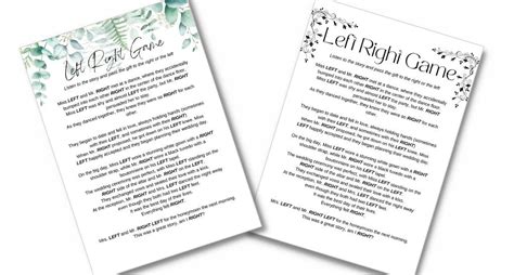 Right Left Bridal Shower Game Free Printable Game Card
