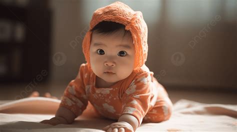 주황색 모자를 쓴 아시아 아기가 바닥에 누워 있다 배경 아기 9개월 고화질 사진 사진 배경 일러스트 및 사진 무료 다운로드