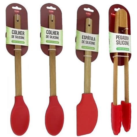 Kit Jogo Conjunto 4 Colheres De Silicone Cabo Madeira Utensílios