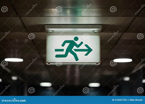 Glowing Emergency Exit Sign With Running Figure And Arrow In Dim
