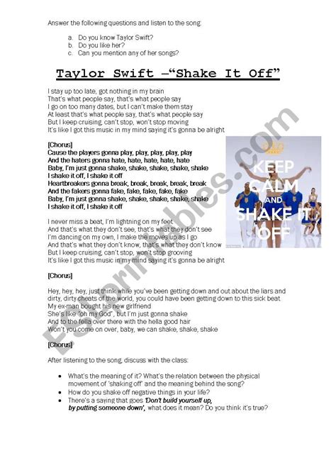 Shake It Off Taylor Swift Song Worksheet Esl Worksheet By Abm115