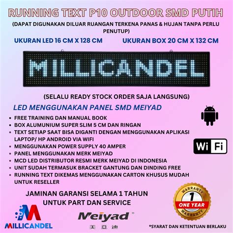 Running Text P10 Led Smd Outdoor Warna Putih Ukuran Led 16x128 Cm