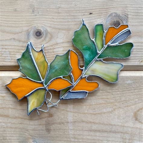 Handcrafted Stained Glass Oak Or Maple Leaf Suncatchers In Green And