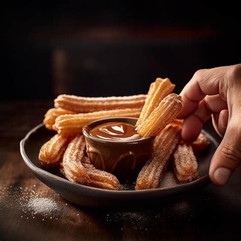 Someone Dipping Churros Into A Chocolate Sauce On A Plate Generative Ai