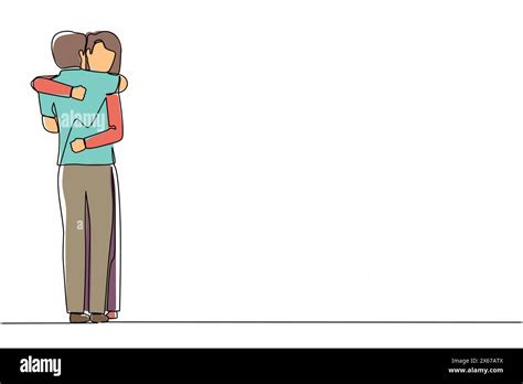 Single One Line Drawing Excited Wife Embracing Beloved Husband At Home