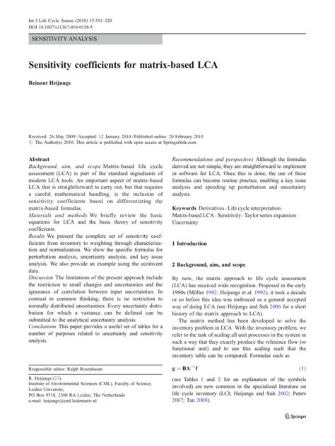 Sensitivity Coefficients For Matrix Based Lca Pdf Life Cycle