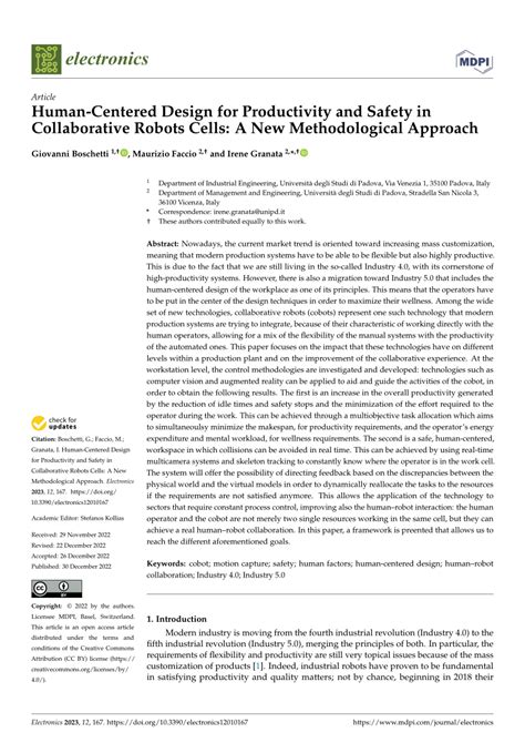 Pdf Human Centered Design For Productivity And Safety In Collaborative Robots Cells A New